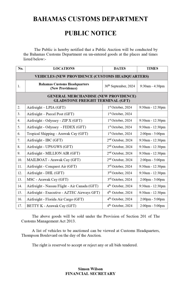 Bahamas Customs Public Auction Listing 2024 - The Bahamas Customs ...
