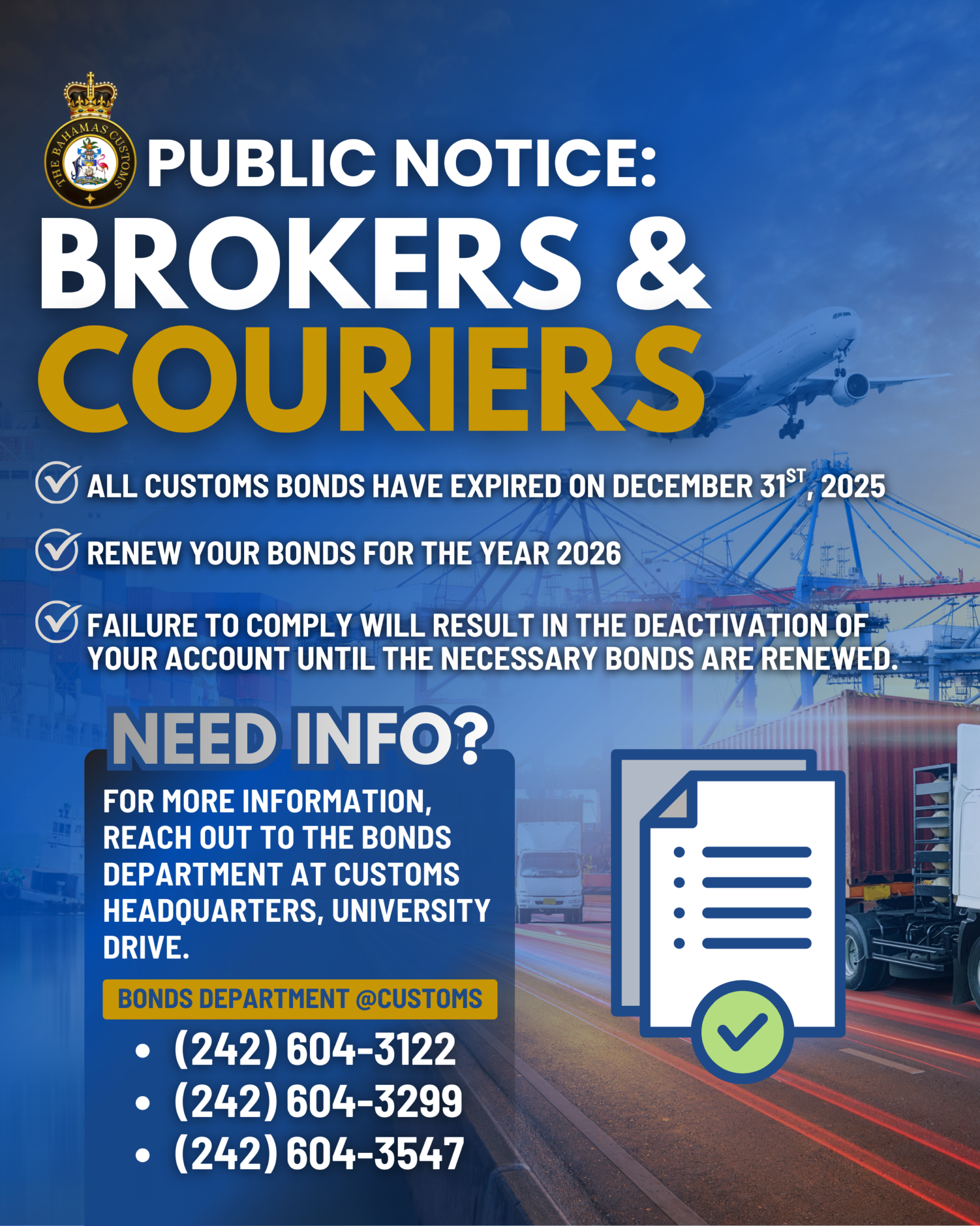 NOTICE: Renewal of ALL Customs Bonds for the Year 2026 - The Bahamas ...